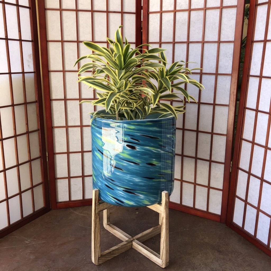 Blue Hand-Blown Glass Planter w/ Stand - McCumber Fine Gardens
