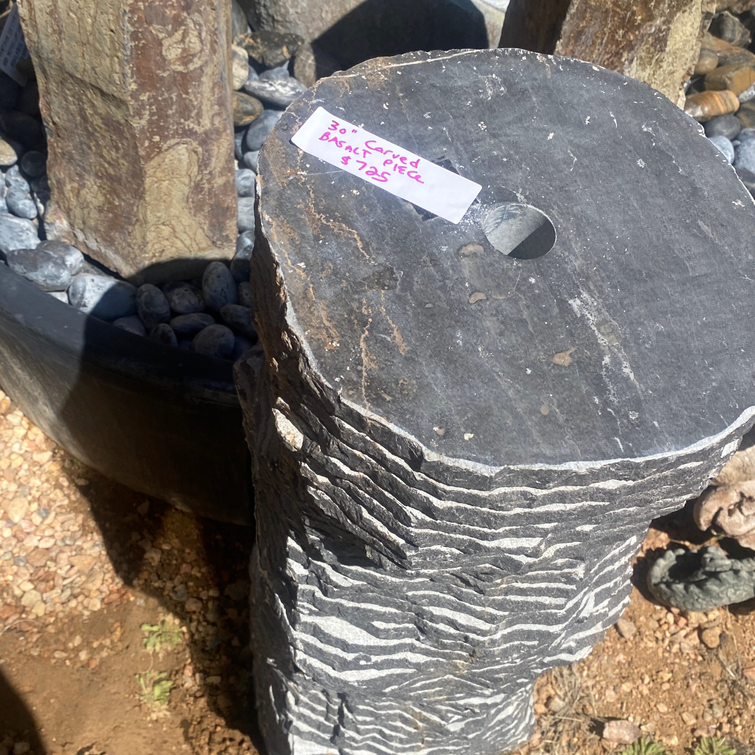 Basalt fountain carved thick 30 inch - McCumber Fine Gardens